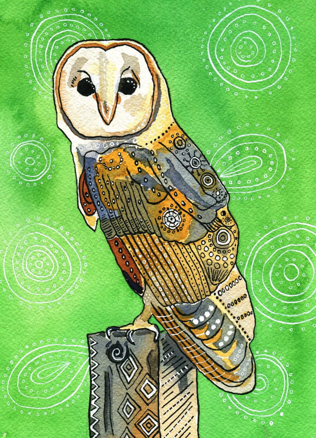 Barn Owl Print Bird Art Watercolor and Ink Bird Illustration by Rachel ...