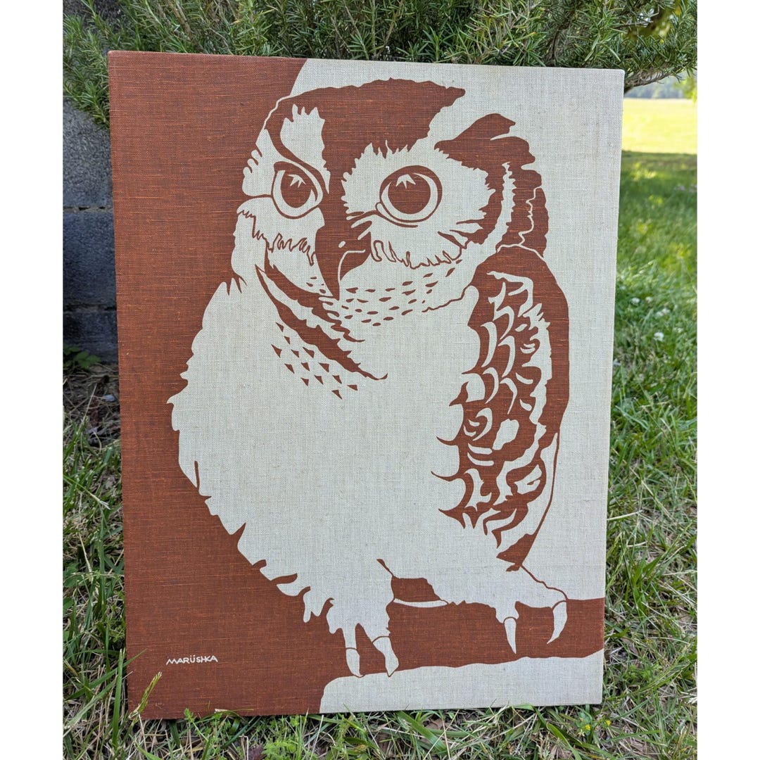70's Vintage Marushka OWL Silk Screen Art Print on Textile Framed 18 X ...
