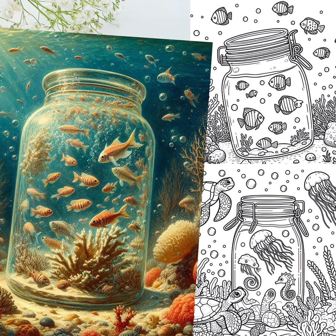 46 Underwater Life Jar Coloring Pages, Ocean Jar Coloring Book, Ocean ...