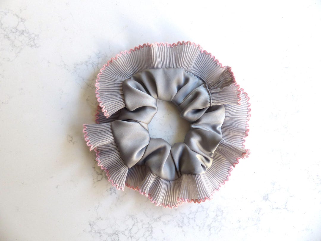 Large Grey Satin Scrunchie: Grey Ruffle Trim, Handmade Scrunchie. Made ...
