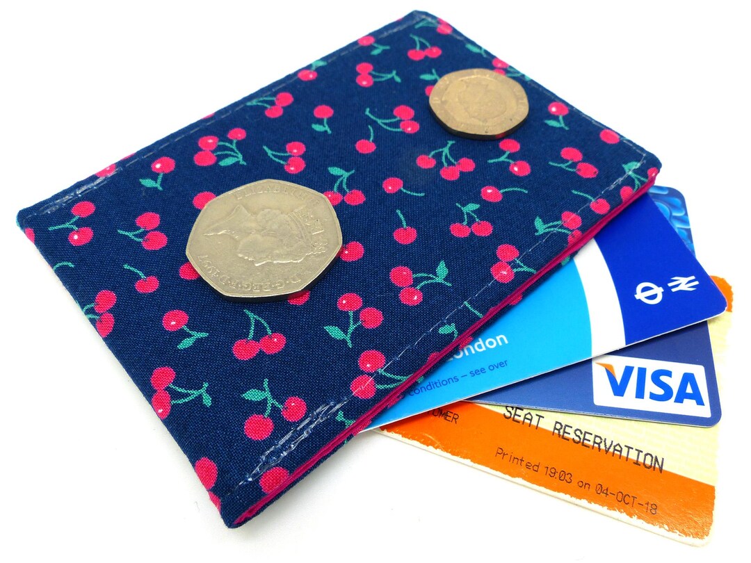 Handmade Cherry Print Card Wallet: Navy Fabric Travel Card Holder - Etsy