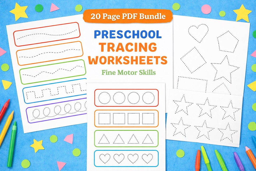 Preschool Tracing Worksheets PDF Bundle – 20 Page Fine Motor Practice ...