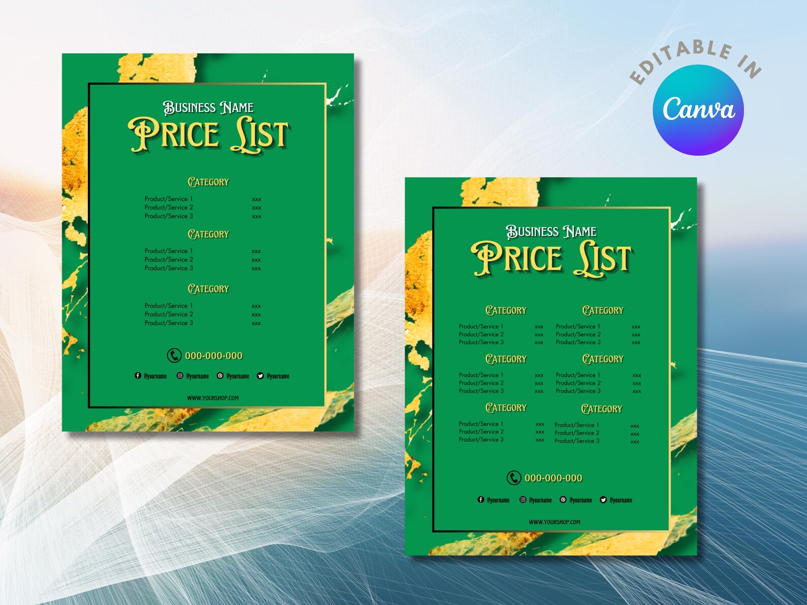 Green/gold Theme Price List Template, Canva Editable Price List ...