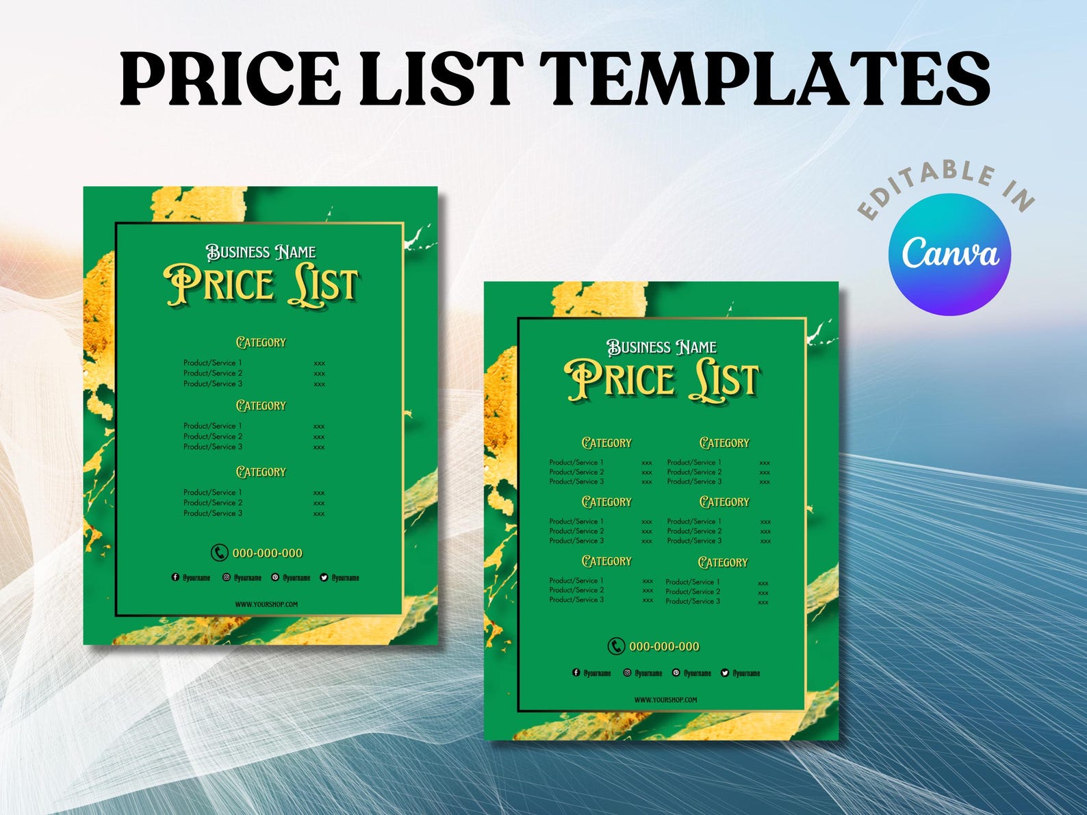 Green/gold Theme Price List Template, Canva Editable Price List ...