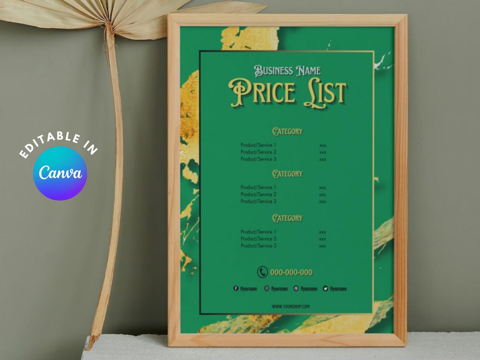 Green/gold Theme Price List Template, Canva Editable Price List ...