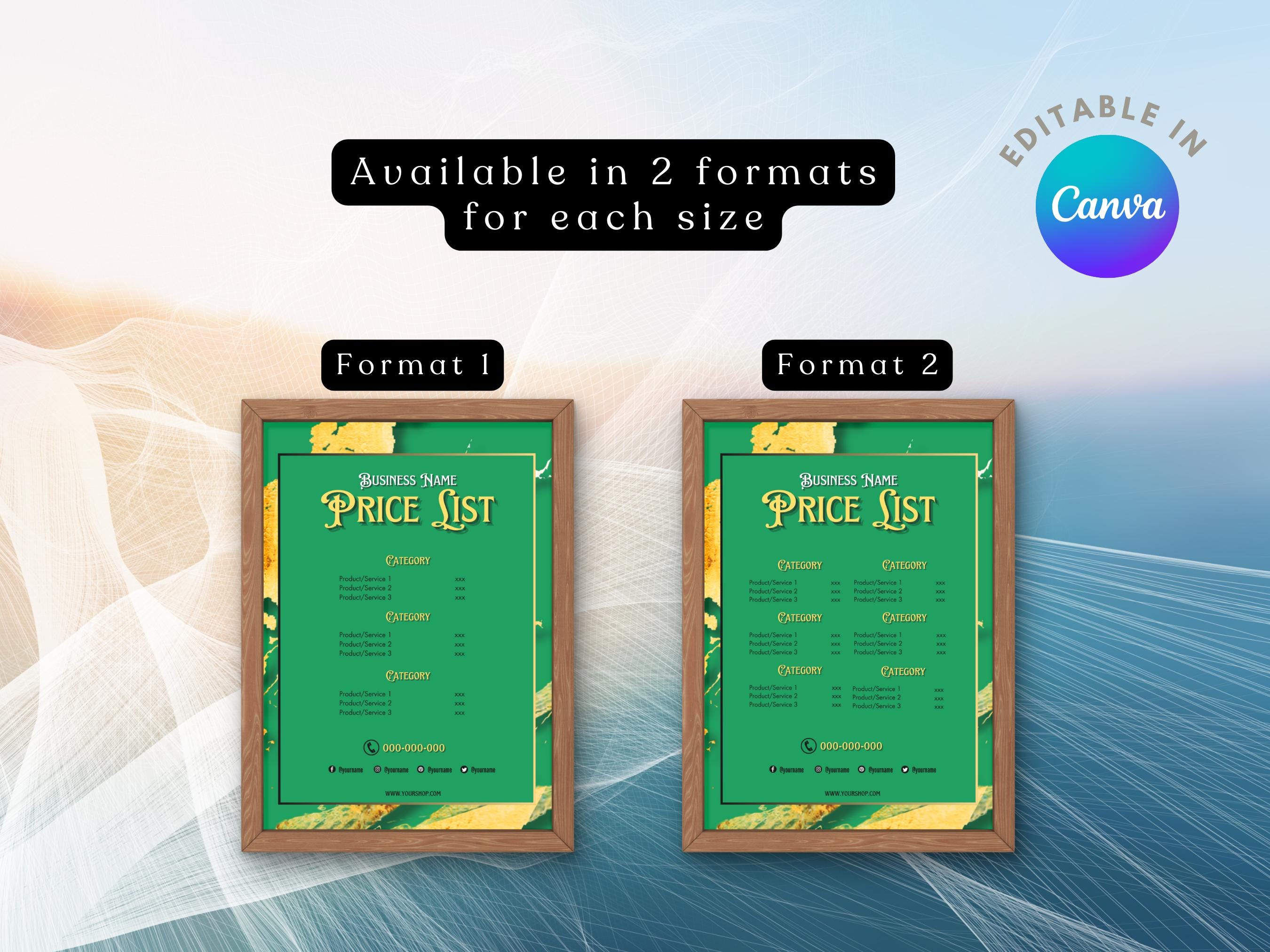 Green/gold Theme Price List Template, Canva Editable Price List ...