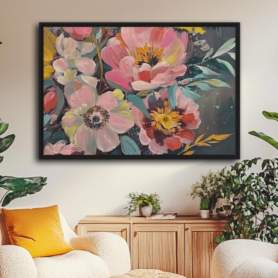 Large Floral Wall Art, 3 Frame Color Choices, Feminine Modern Flowers ...