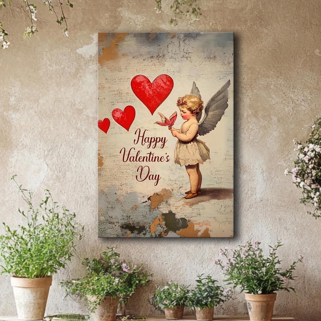 Vintage Valentine's Day Wall Art, Vintage Cupid Home Decor, Happy ...