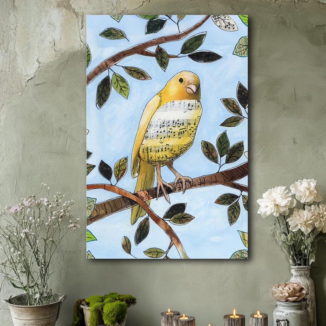 Yellow Bird Wall Art Funky Canvas Print With Music Notes Whimsical ...
