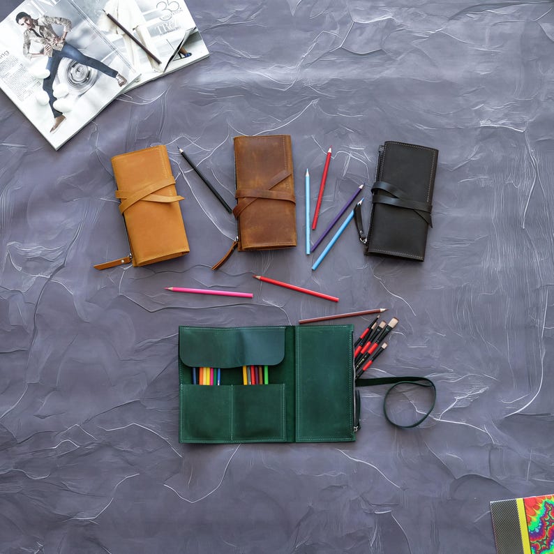 Leather Roll up Pencil Case, Artist Brush Organizer, Fountain Pen Pouch ...