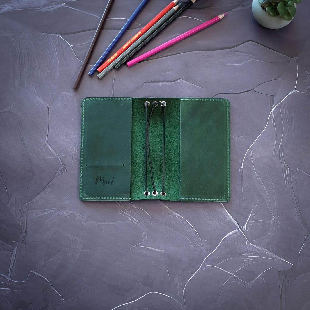 Custom Refillable Leather Journal Cover, Green Pocket Planner Cover ...