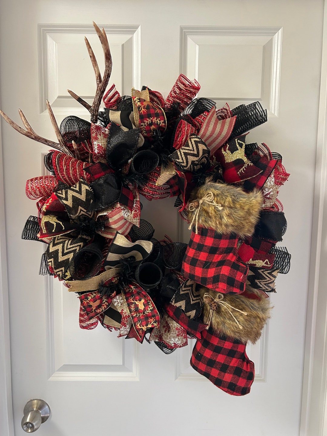 Large Red Buffalo Plaid and Red Wreath With Northwoods Snow Boots and ...