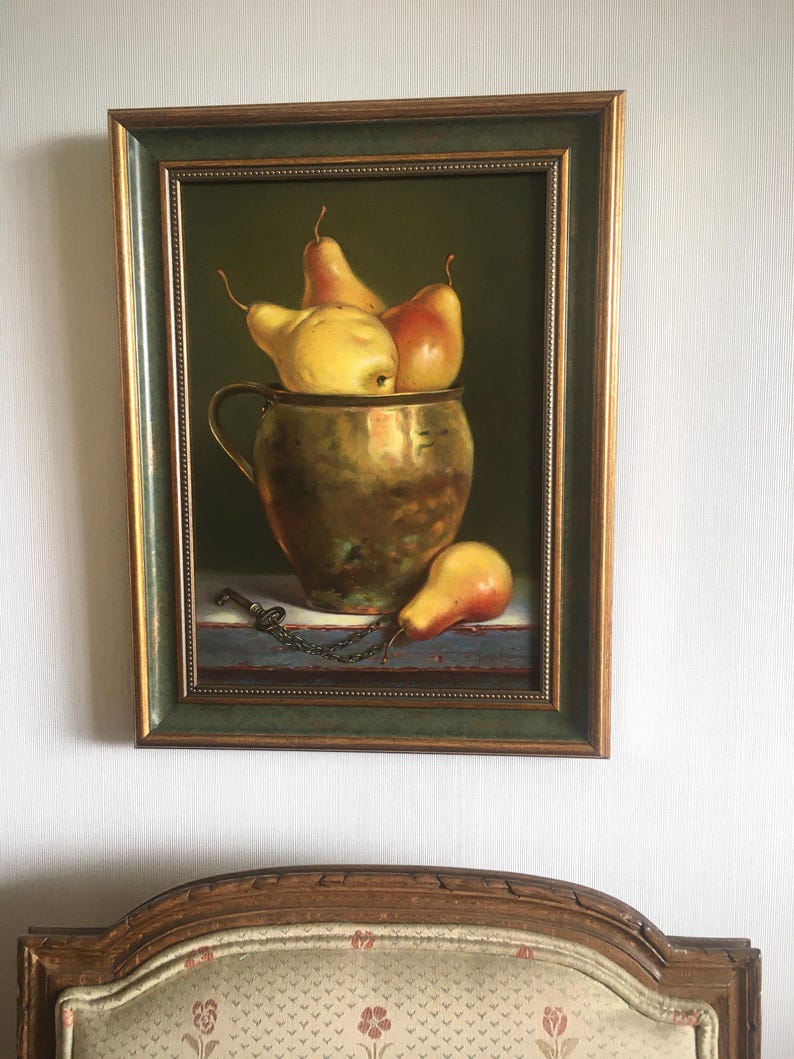 Original Oil Painting Pears in Copper Jug, Classic Still Life, Kitchen ...