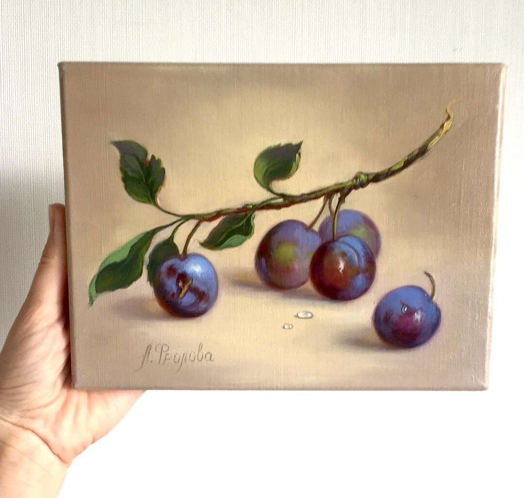 Original Plum Still Life Oil Painting, Small Fruit Artwork 8x6 In - Etsy