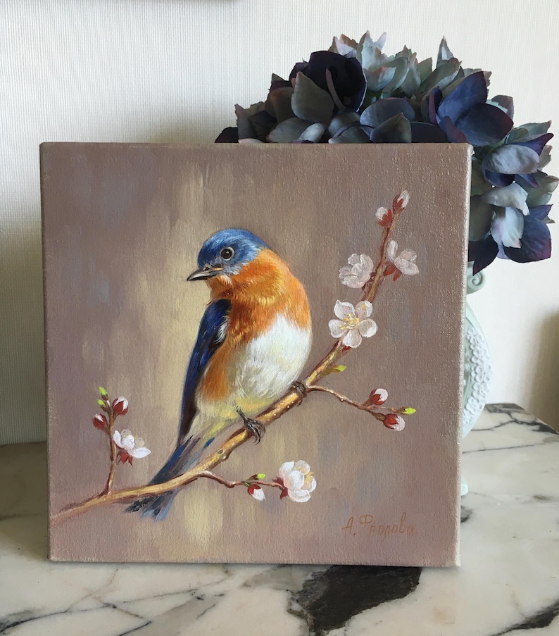 Eastern Bluebird Oil Painting: Small Bird Art on Linen Canvas, 8x8 - Etsy