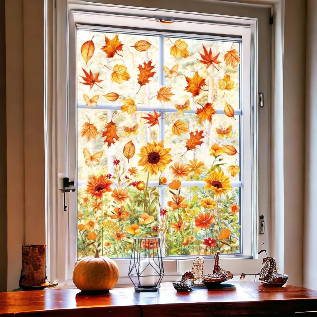 Thanksgiving Fall Floral Window Clings Double-sided Sunflowers & Maple ...