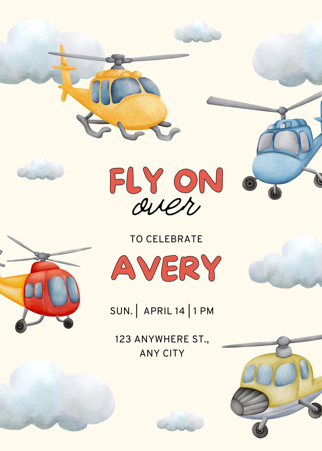 Helicopter Birthday Invitation | Editable Fly on Over Party Template ...