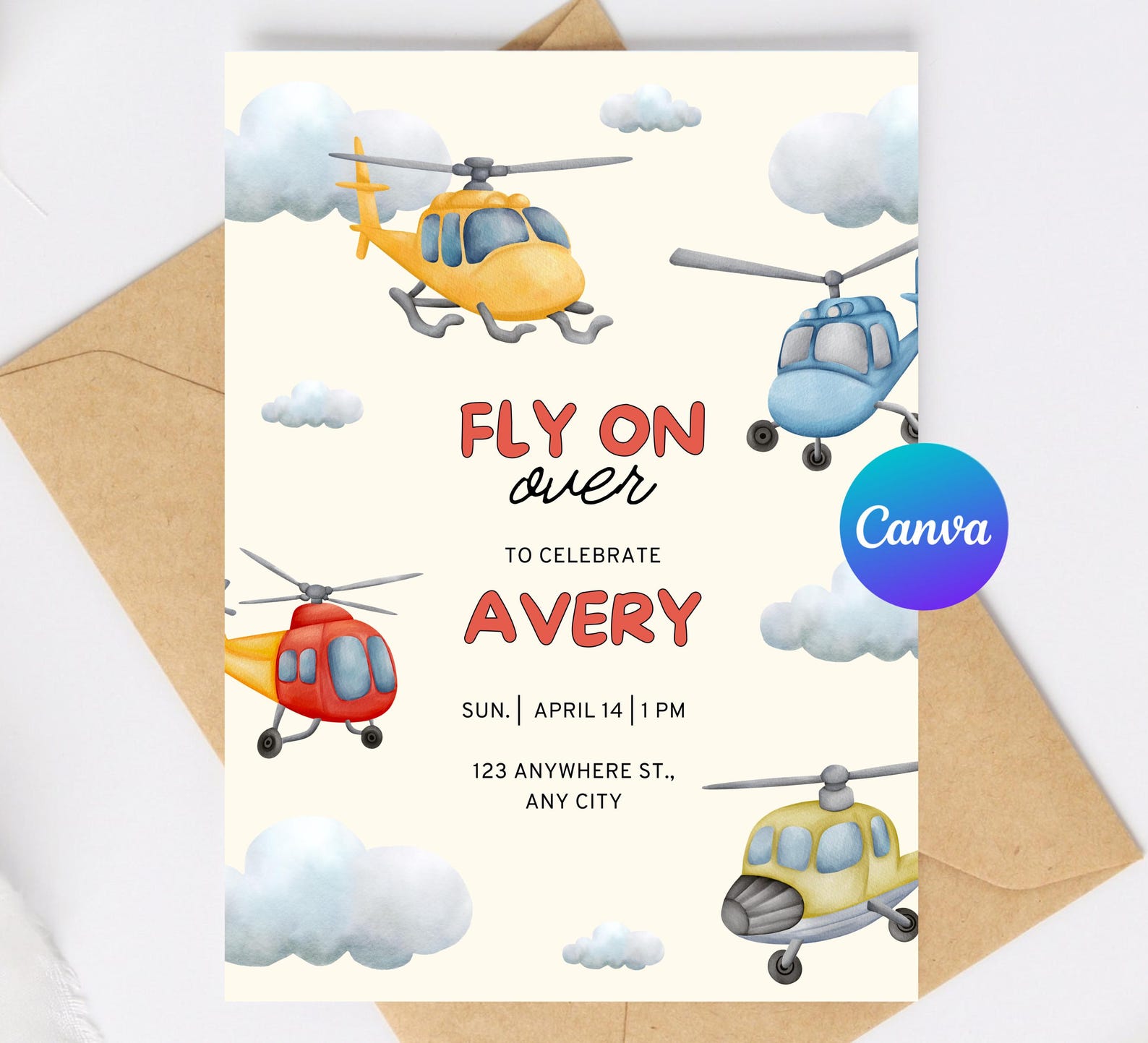 Helicopter Birthday Invitation | Editable Fly on Over Party Template ...
