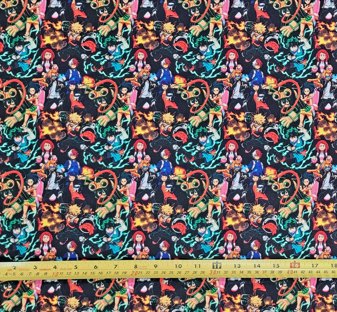 MHA Anime Collage Black Fabric ( 2 Size Selections: 18" X 58" and 36" X ...