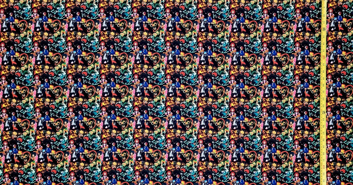 MHA Anime Collage Black Fabric ( 2 Size Selections: 18" X 58" and 36" X ...