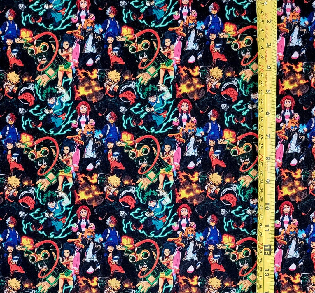 MHA Anime Collage Black Fabric ( 2 Size Selections: 18" X 58" and 36" X ...