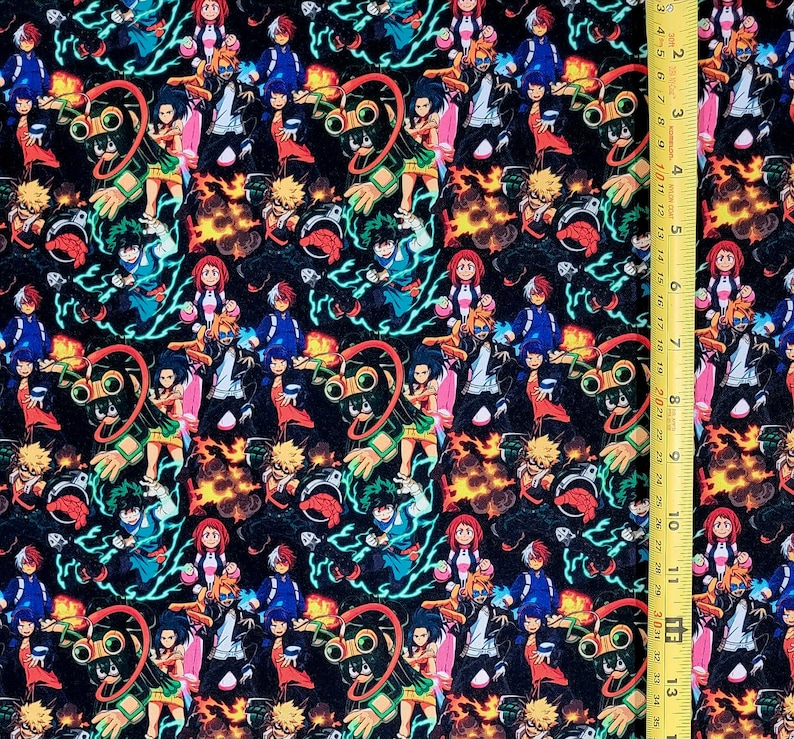 MHA Anime Collage Black Fabric ( 2 Size Selections: 18" X 58" and 36" X ...