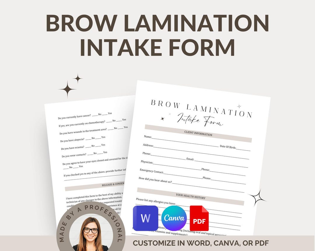 Brow Lamination Intake Form for Estheticians and Medspas, Eyebrow Lamination Consent Template ...