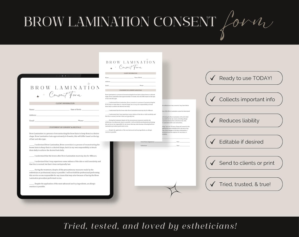 Brow Lamination Consent Form for Estheticians and Medspas, Eyebrow Lamination Intake Template ...