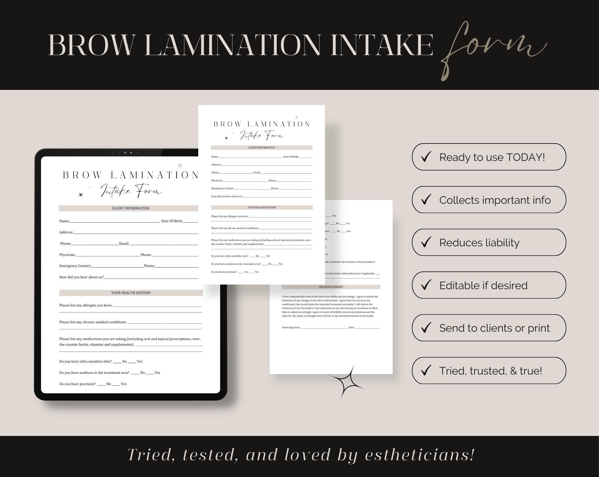 Brow Lamination Intake Form for Estheticians and Medspas, Eyebrow ...
