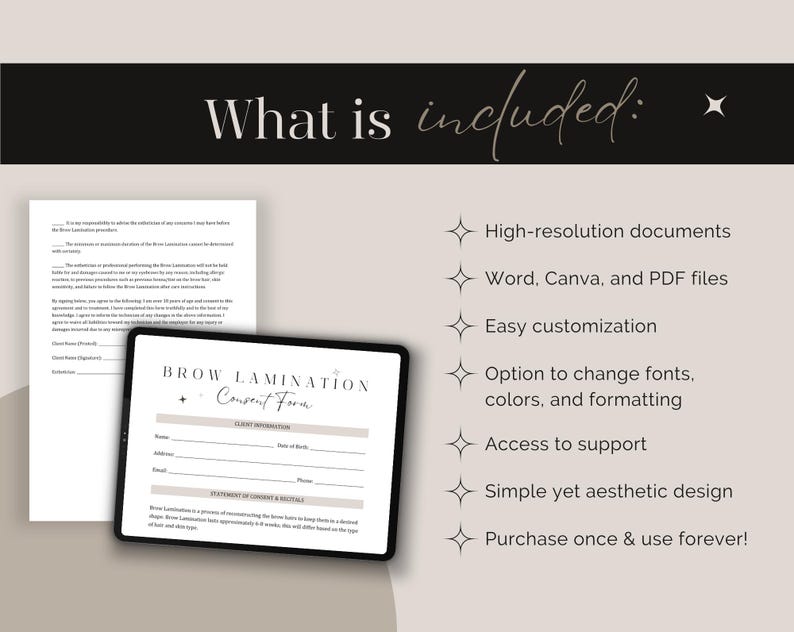 Brow Lamination Consent Form for Estheticians and Medspas, Eyebrow Lamination Intake Template ...