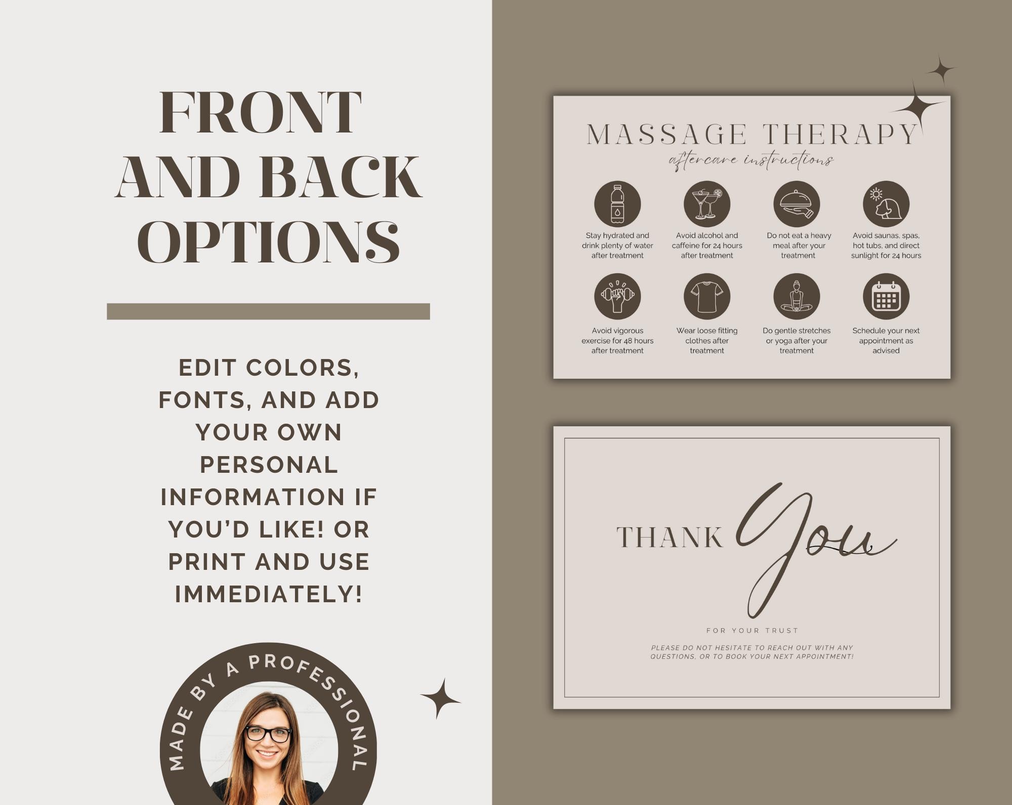 Massage Therapy Aftercare Cards, Massage Therapist Post Care Cards for ...