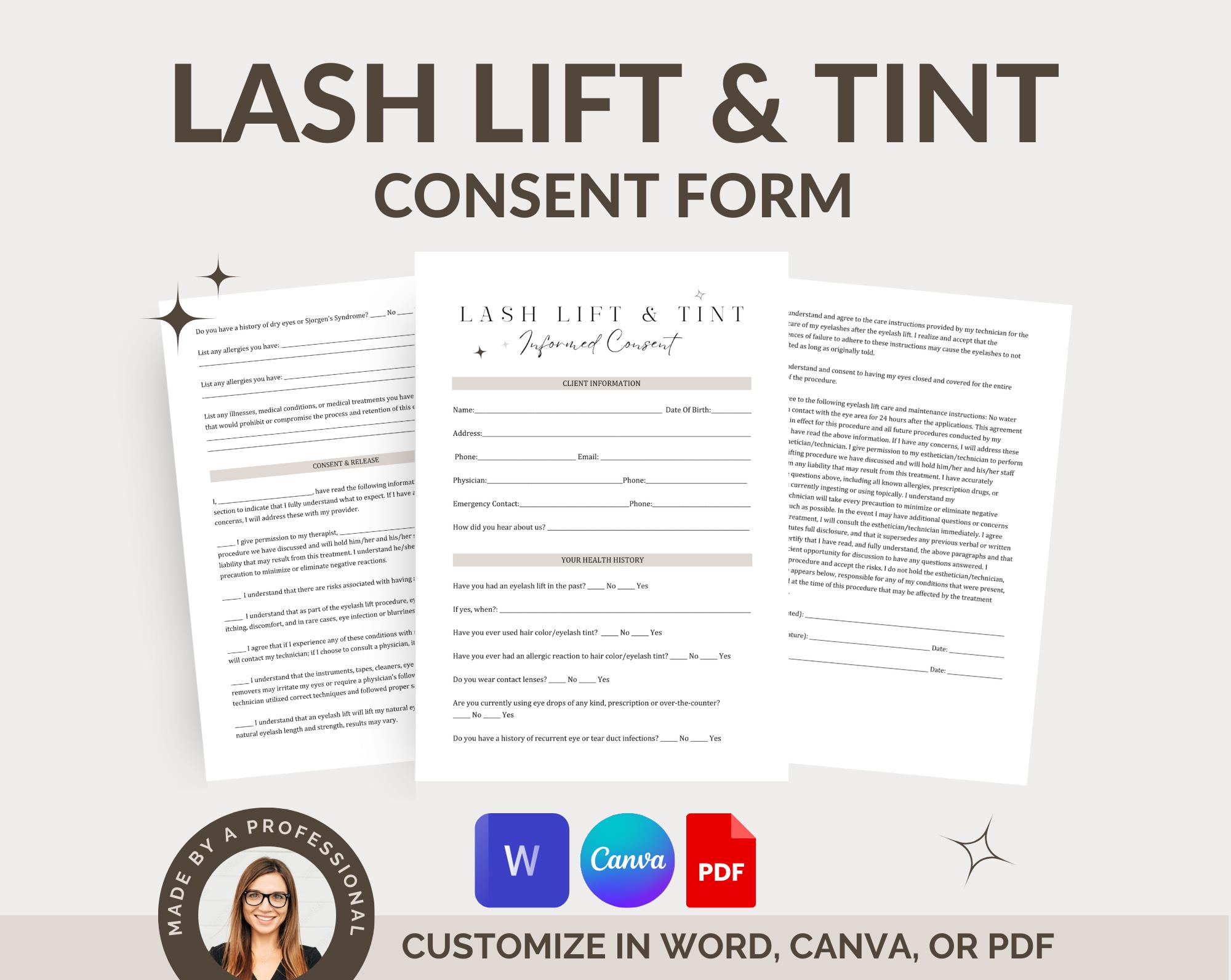 Lash Lift and Tint Consent Form for Estheticians: Customizable Digital ...