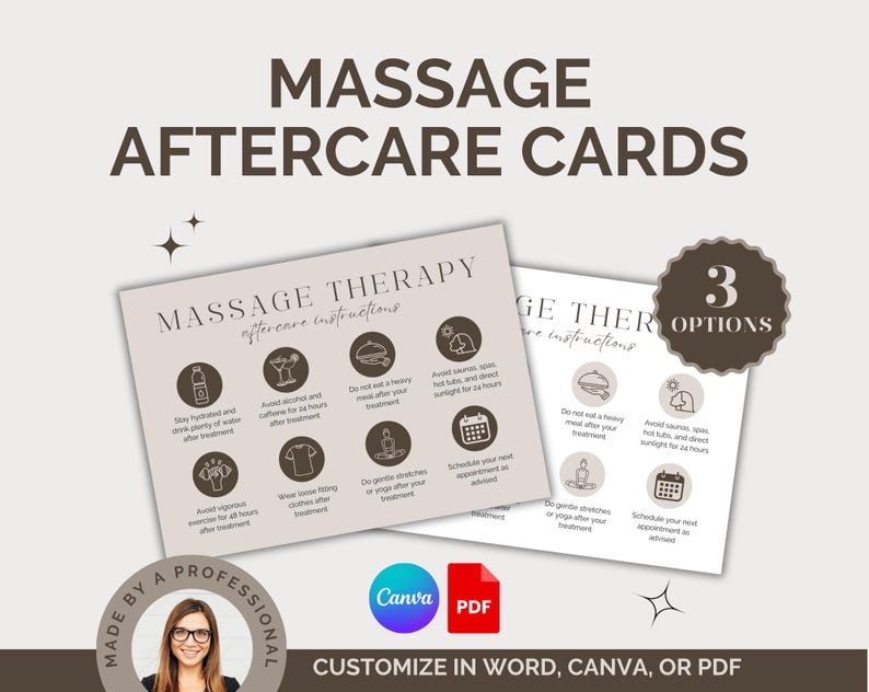 Massage Therapy Aftercare Cards, Massage Therapist Post Care Cards for ...