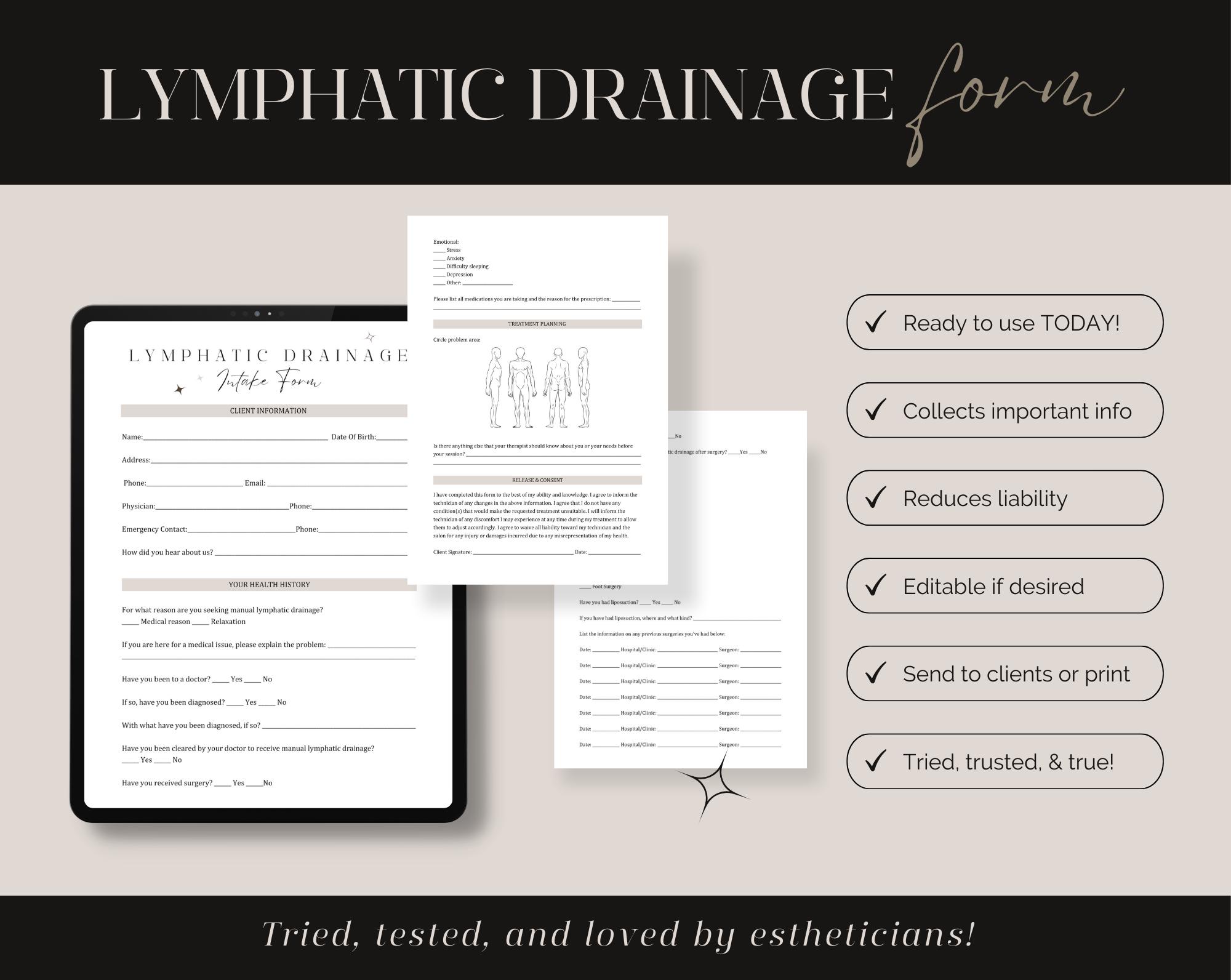 Intake Form Lymphatic Drainage, MLD Lymphatic Massage Form for Massage ...