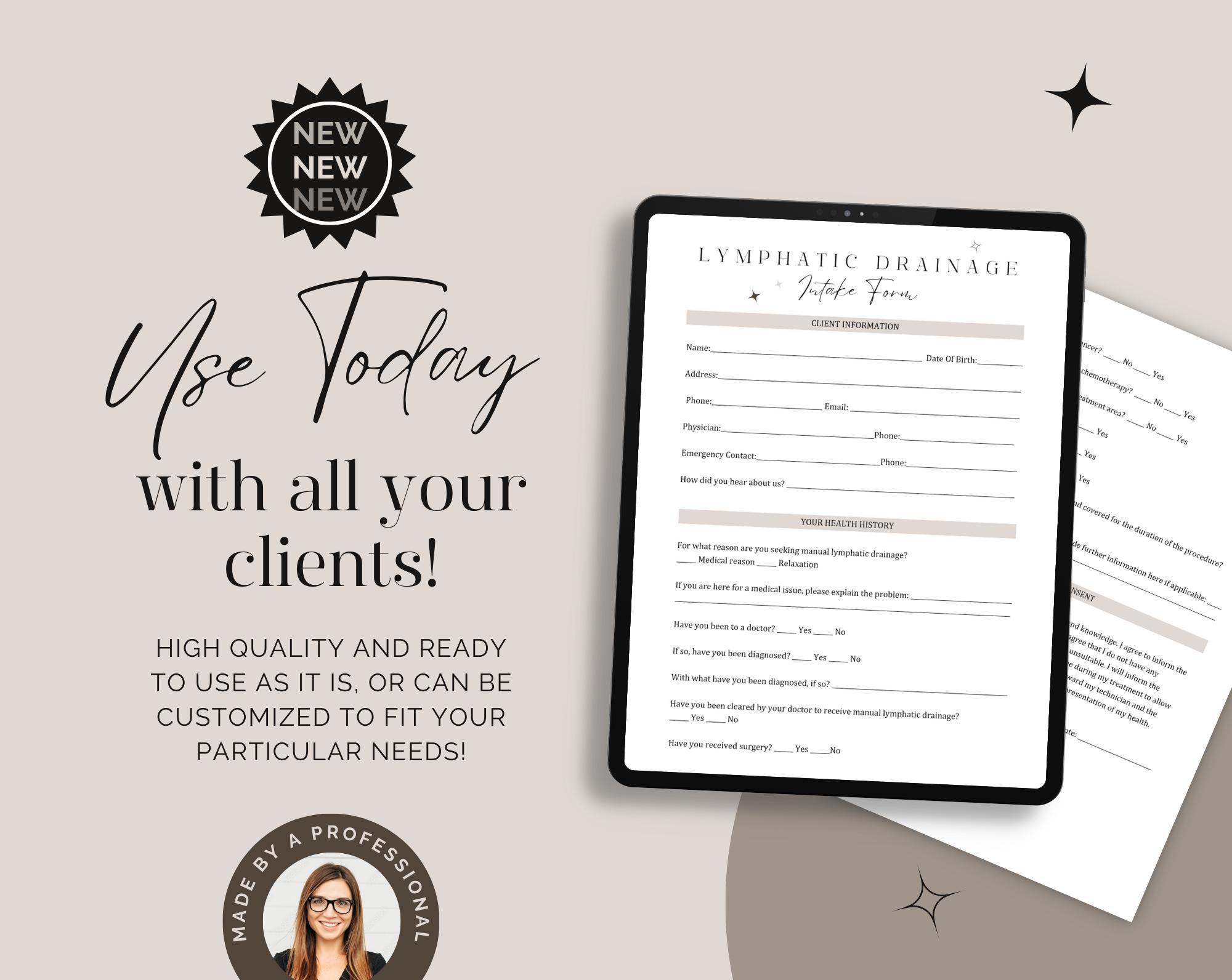 Intake Form Lymphatic Drainage, MLD Lymphatic Massage Form for Massage ...