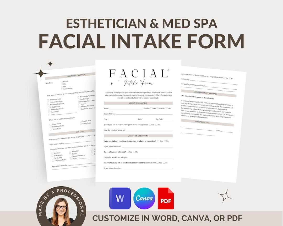 Facial Intake Form for Estheticians and Med Spas: Editable Digital ...