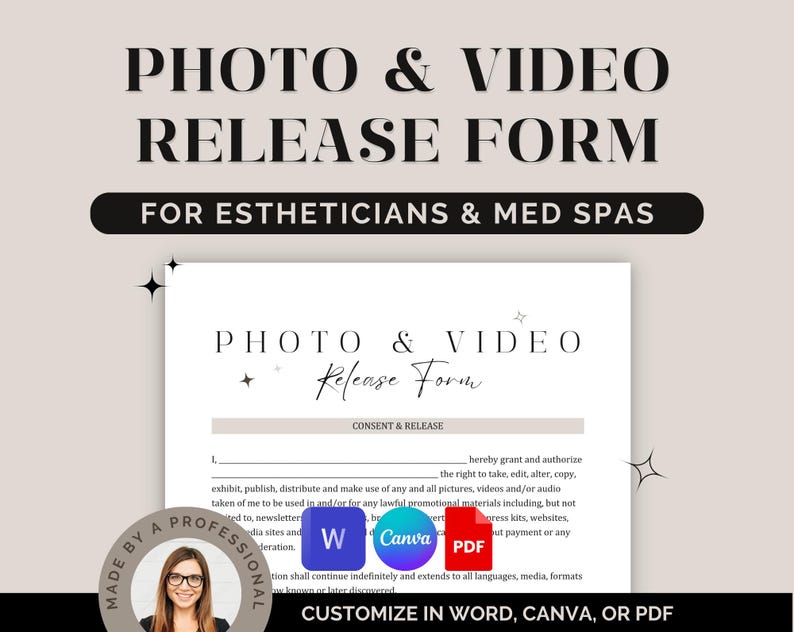 Photo and Video Release Form for Estheticians: Customizable Digital ...