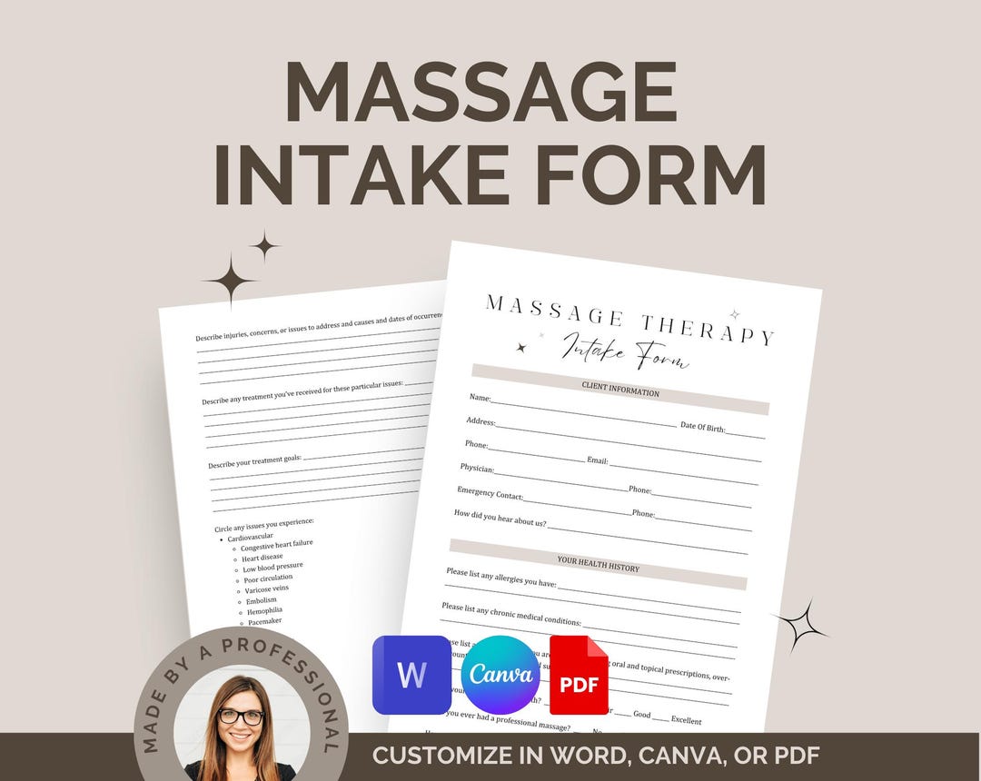 Massage Therapy Intake Form Template for Massage Therapists: Word ...