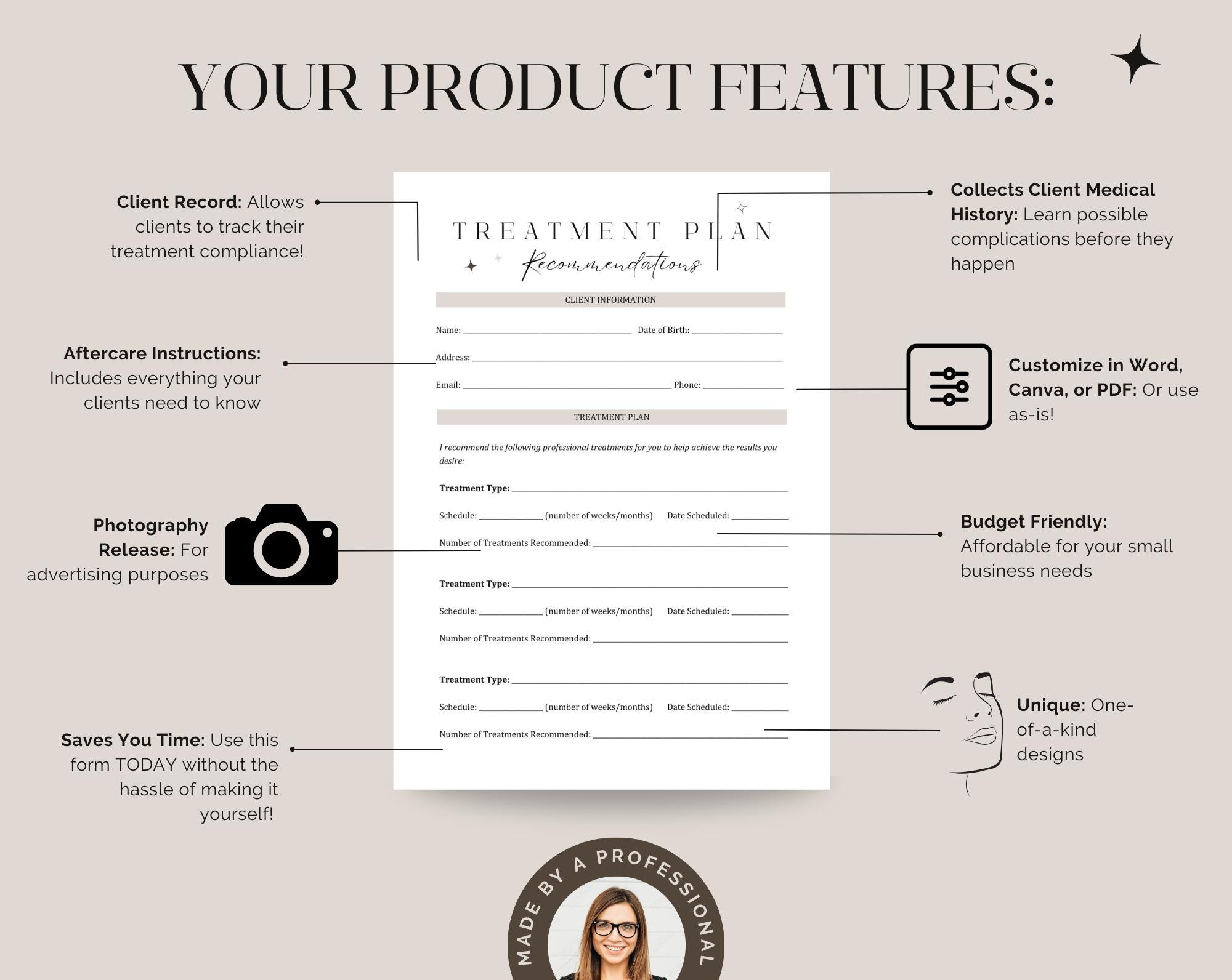 Treatment Plan & Client Record Form for Estheticians: Editable Facial ...