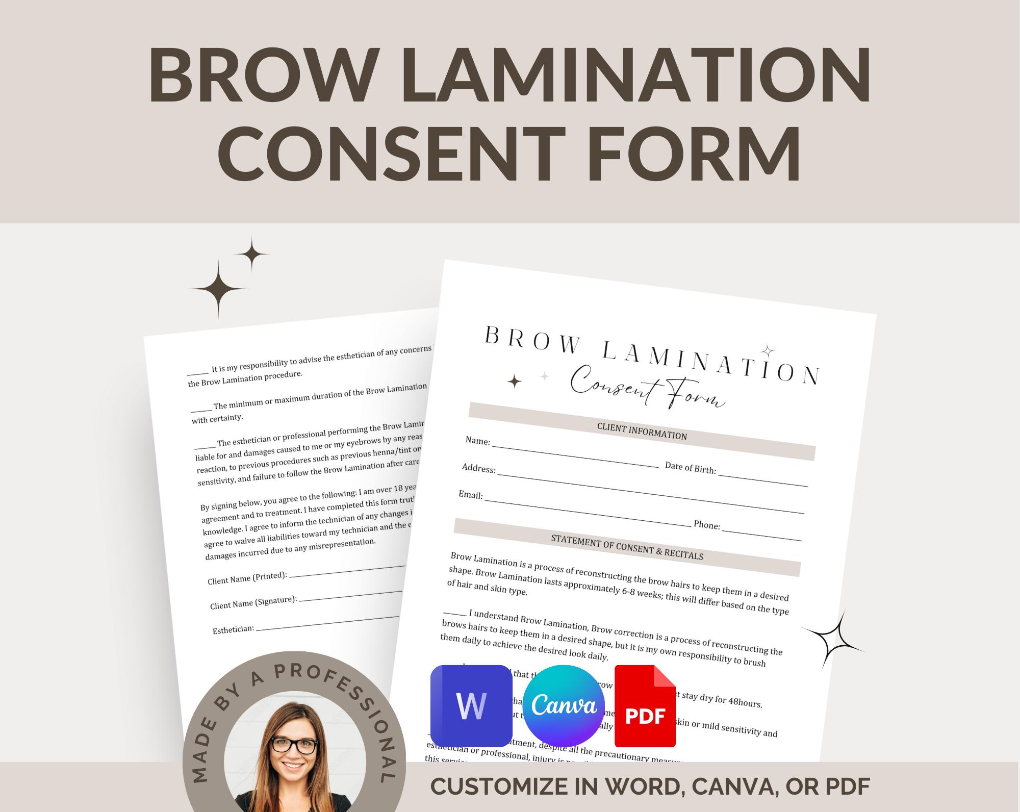 Brow Lamination Consent Form for Estheticians and Medspas, Eyebrow Lamination Intake Template ...
