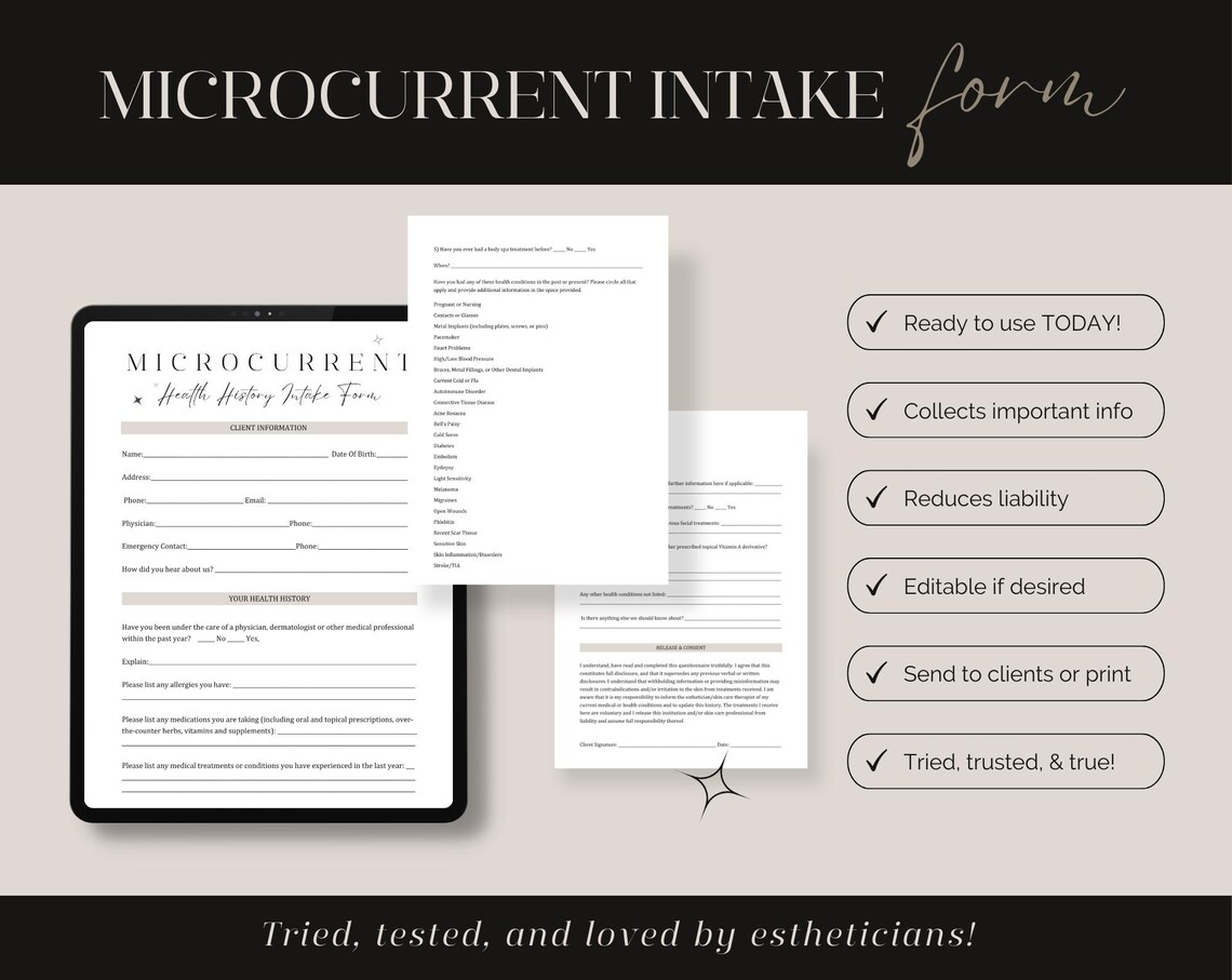 Microcurrent Intake Form for Estheticians and Med Spas, Health History ...