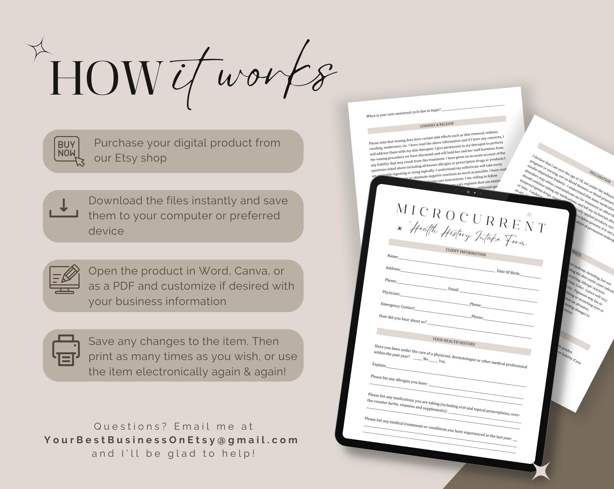 Microcurrent Intake Form for Estheticians and Med Spas, Health History ...