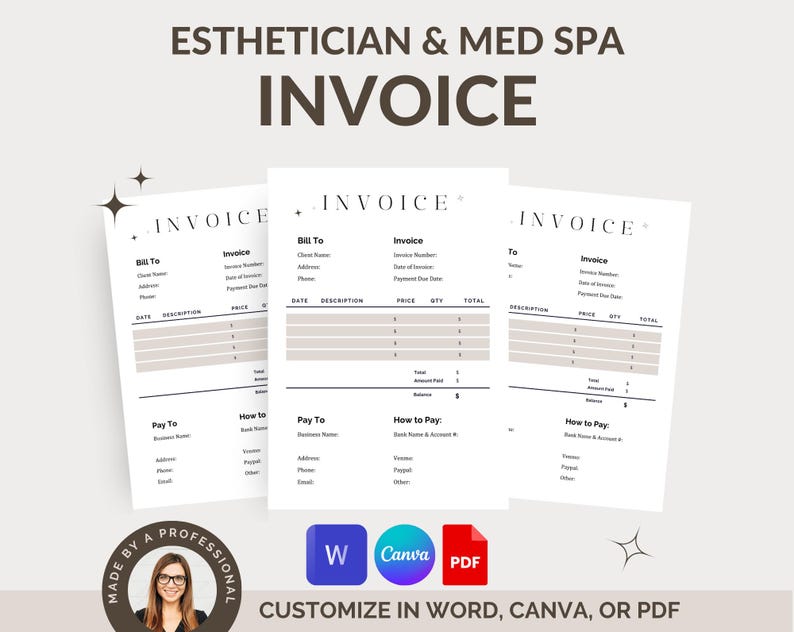 Invoice for Estheticians and Med Spas: Editable Digital Forms, Word ...