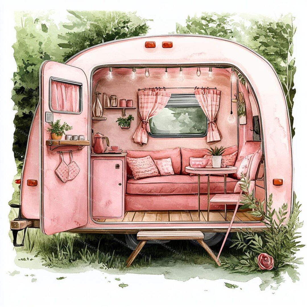 10 Pink Cozy Camping Trailer Clipart, Retro Camping Trailer, Printable ...