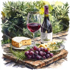 12 Wine and Cheese Clipart, Wine Glass Clipart, Printable Watercolor ...