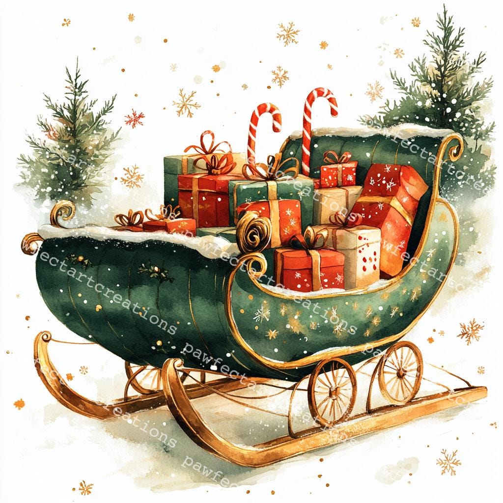 Christmas Sleigh Clipart: Watercolor Red & Green Sleighs (digital ...
