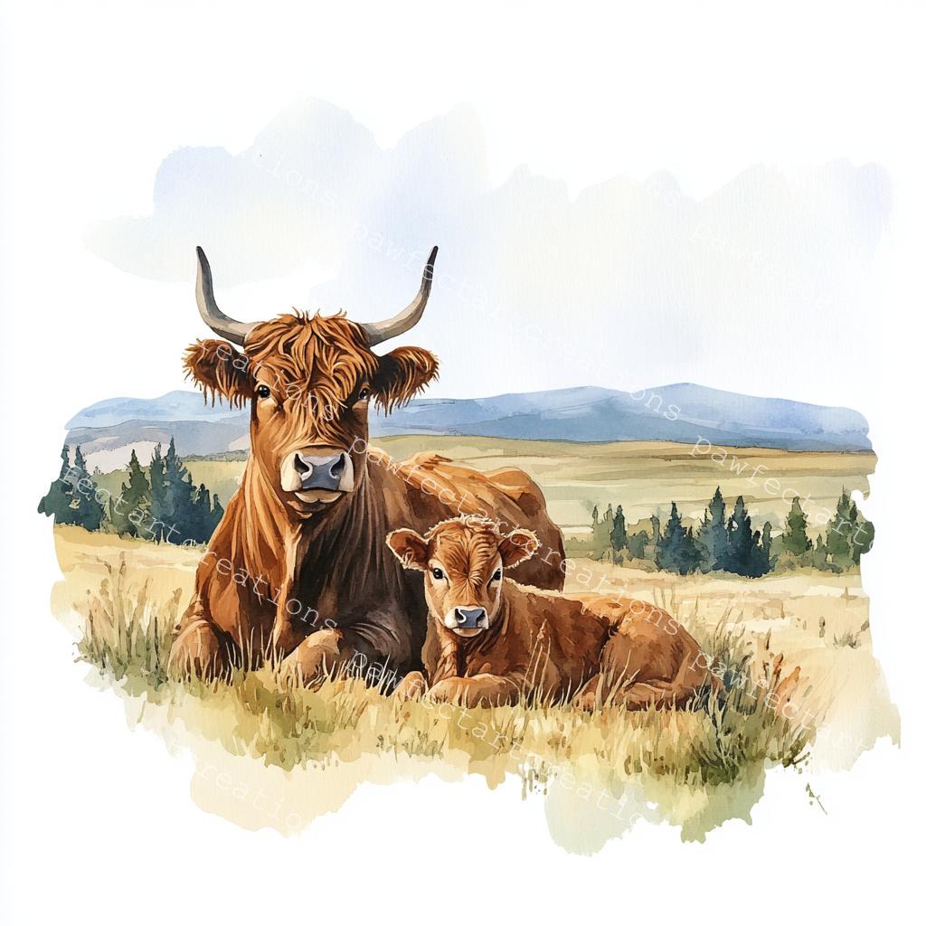 Highland Cow & Calf Watercolor Clipart: Farm Animal Jpgs (digital ...