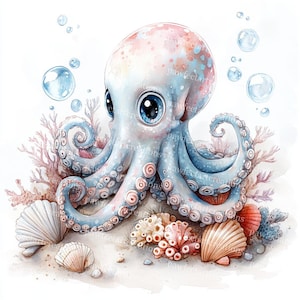 12 Cute Cartoon Octopus Clipart, Ocean Animals, Under the Sea Clipart ...