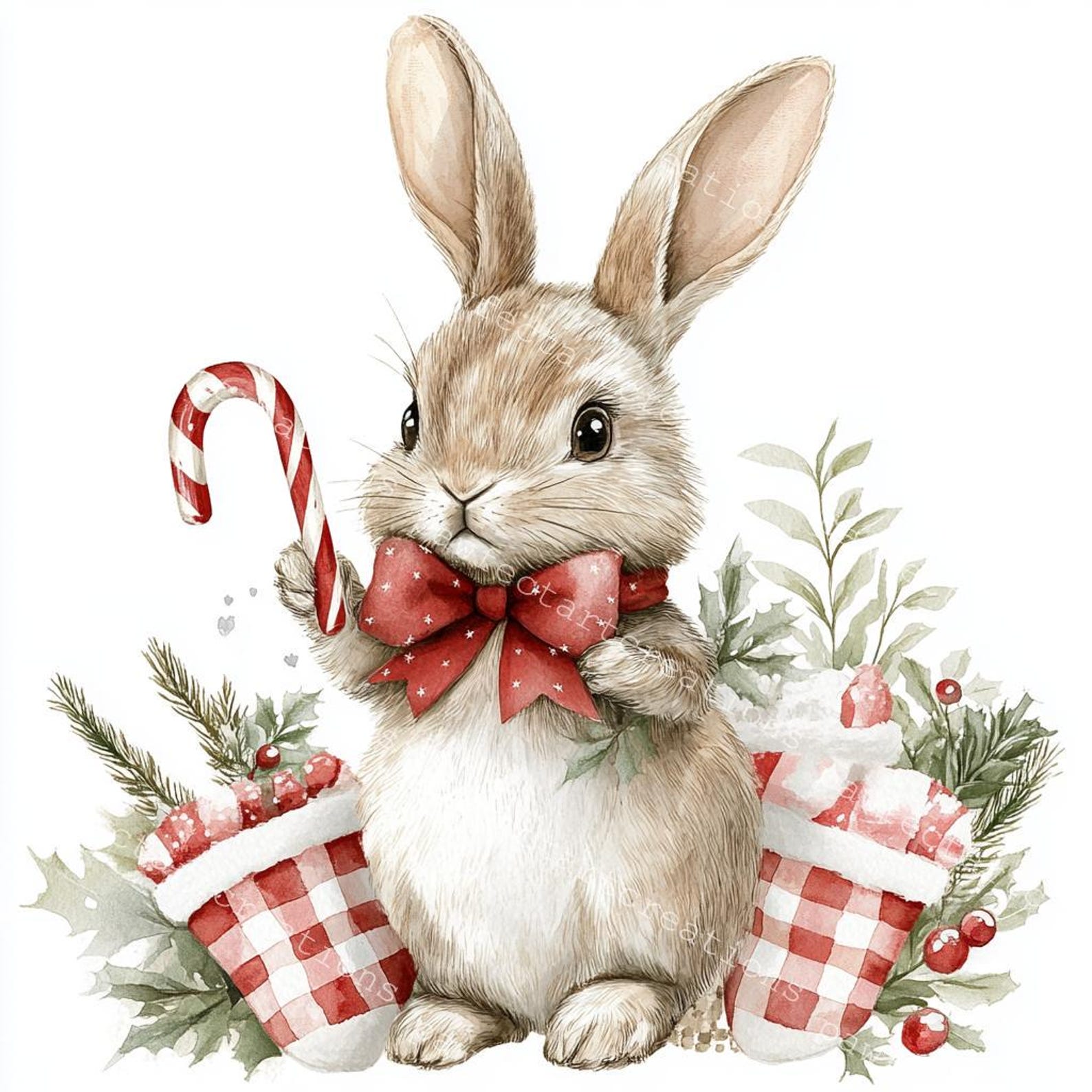 Christmas Bunny Watercolor Clipart: Candy Cane, Santa, Nursery Art (JPG ...