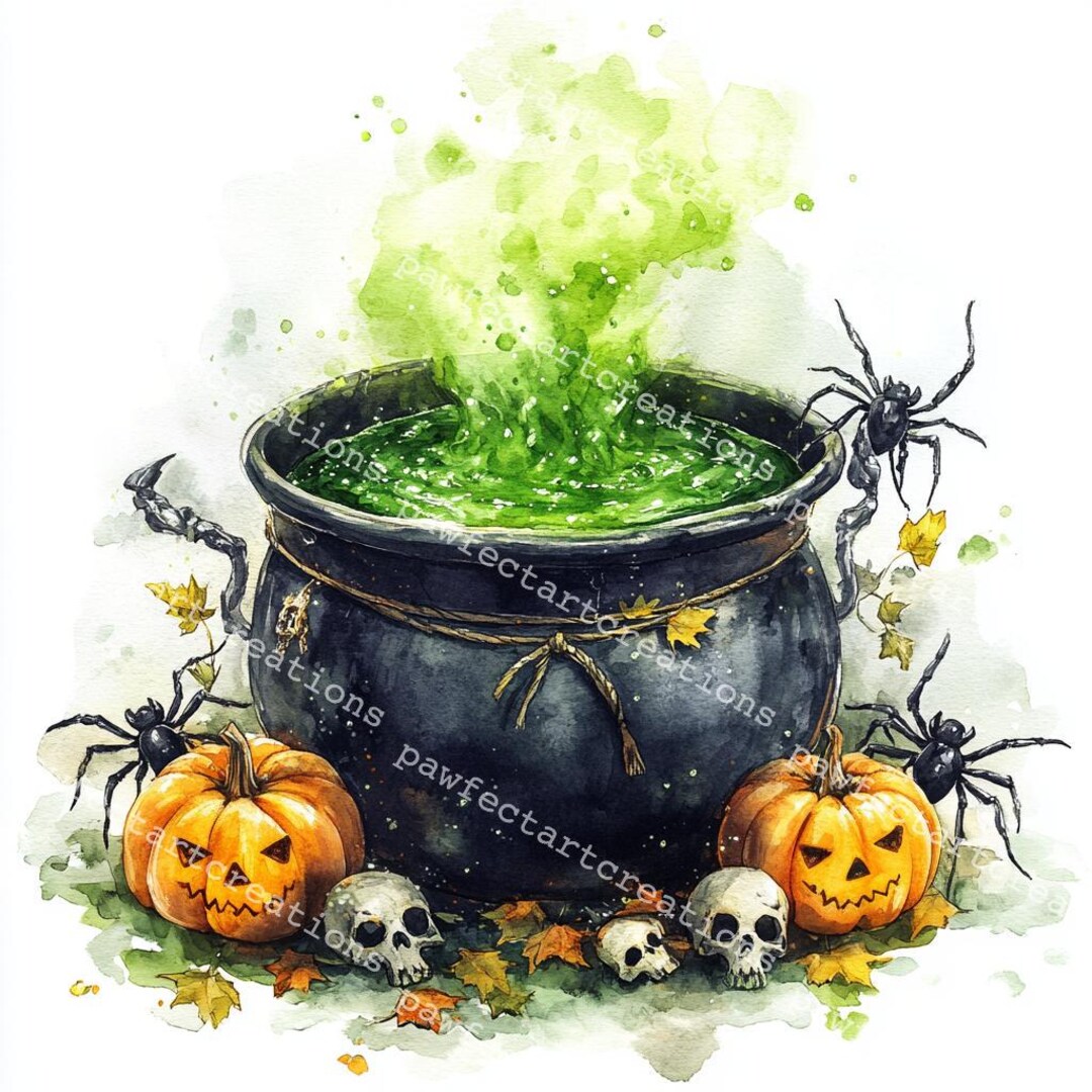 Witch's Cauldron Clipart: Halloween Watercolor Art (digital Download ...